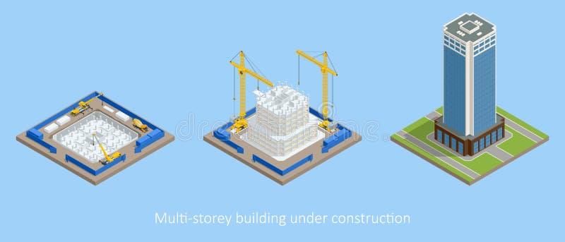 Isometric Skyscraper Construction Process. Building Crane, Multi-storey ...