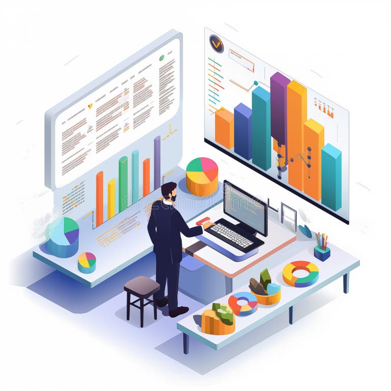 Isometric of Small People Working on Laptop Computer Expand Graph and ...