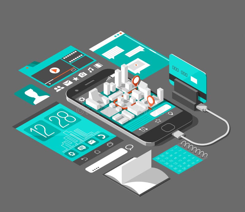 Isometric Smart Phone Interface. Screen with Different Apps and Icons ...