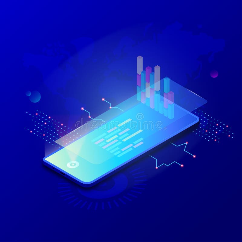 Isometric Smartphone with Business Graph and Analytical Data. Bright ...