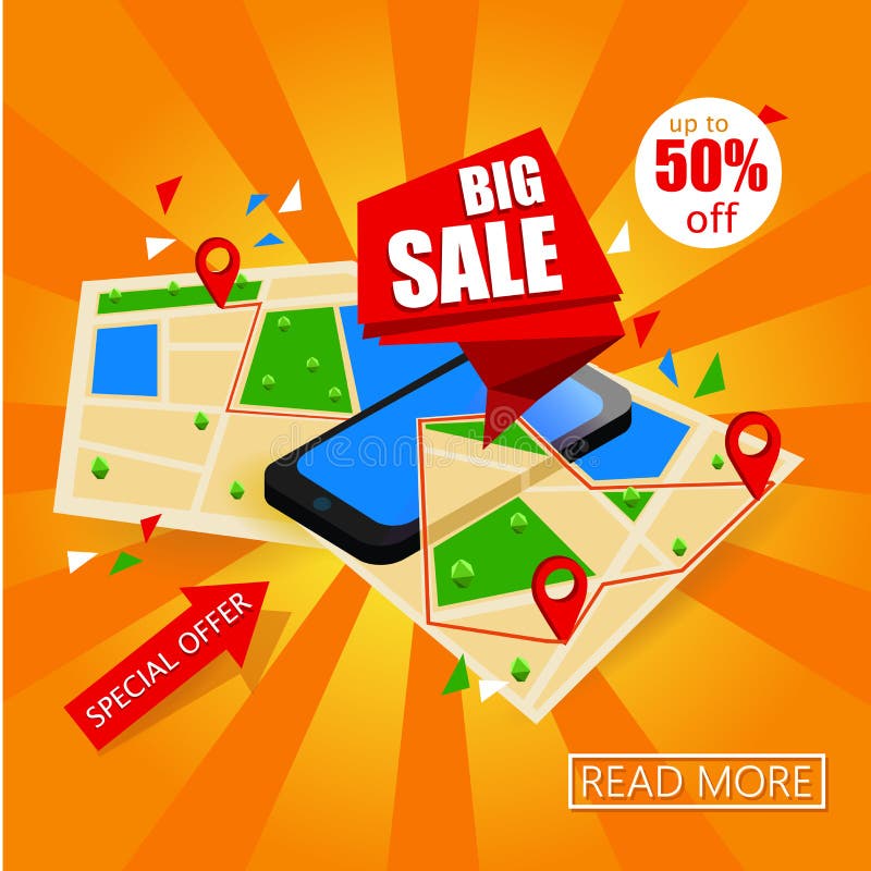 Isometric Smartphone with Map and Tags. Online Big Sale Concept Design ...