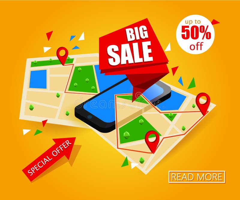 Isometric Smartphone with Map and Tags. Online Big Sale Concept Design ...