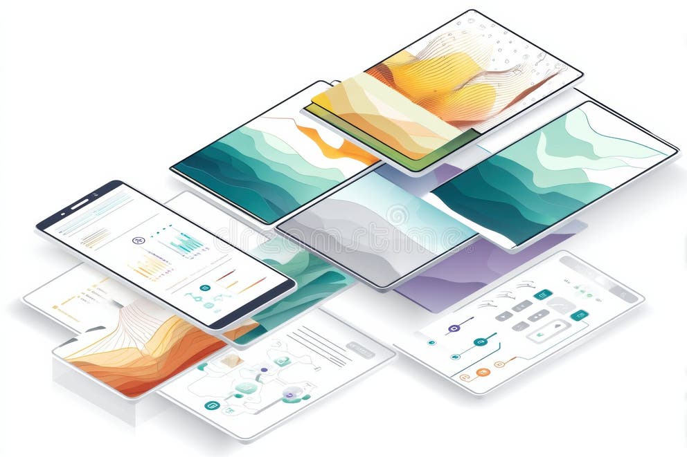 Isometric Smartphone Mockup Showcases Layered UI Screens with Vibrant ...