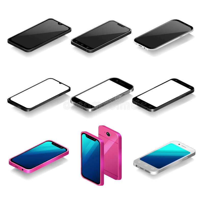 Isometric Smartphone Mockup Vector Illustration Set, 3d Cell Phones in Perspective View Template ...
