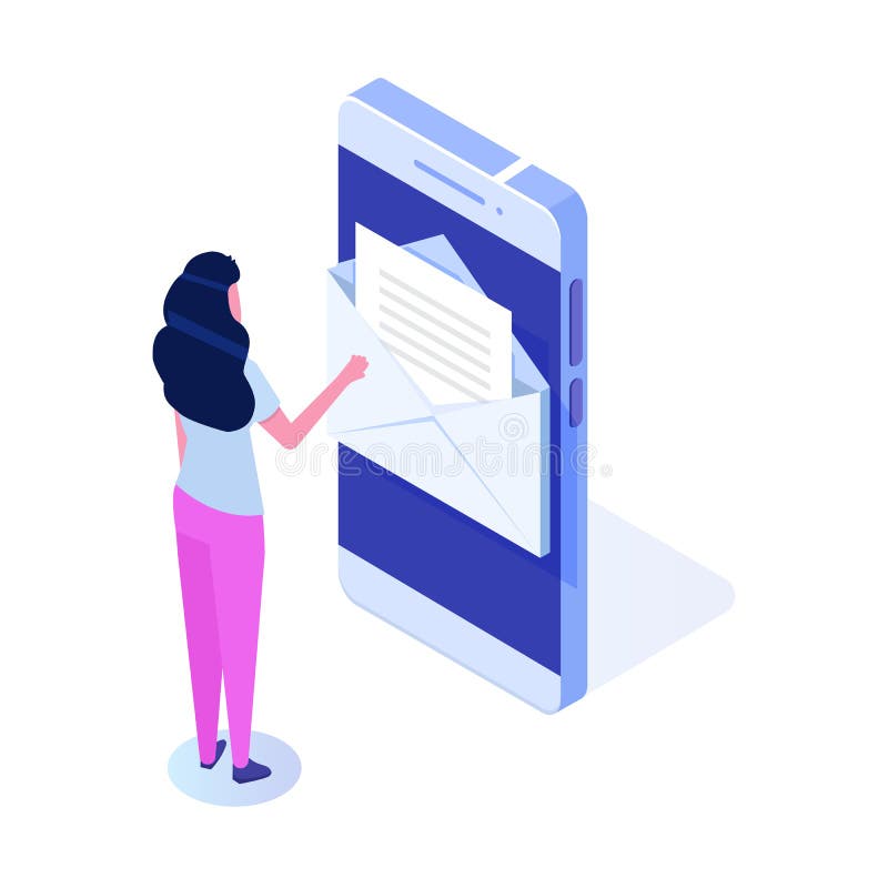 Isometric Smartphone with Notification.Woman Receive Email Stock Vector ...