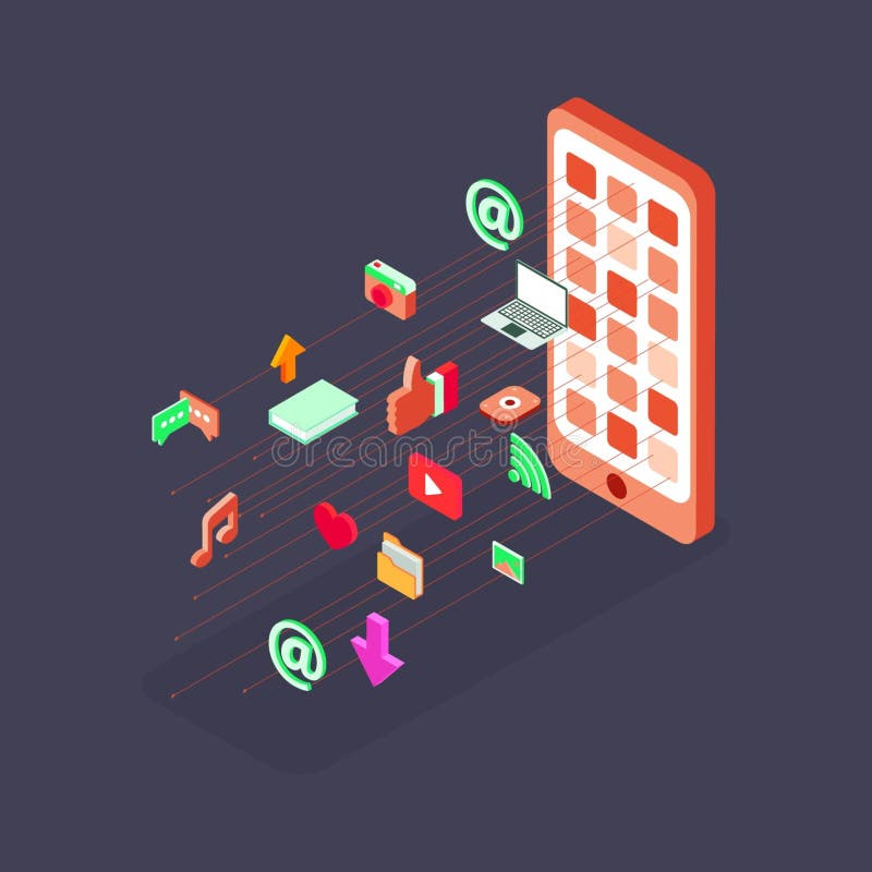 Isometric Smartphone with Social Networking Tools Apps on Grey ...