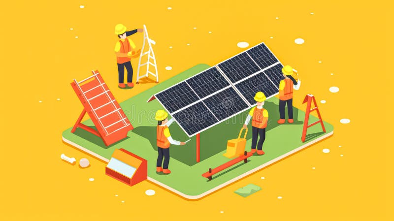 Isometric Solar Cell Team Constructing a Smart Home for a New Customer ...