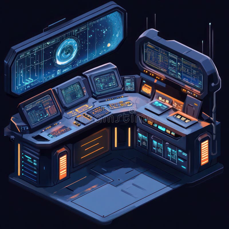 Isometric Spaceship Control Room with Monitors, Buttons, Space View ...