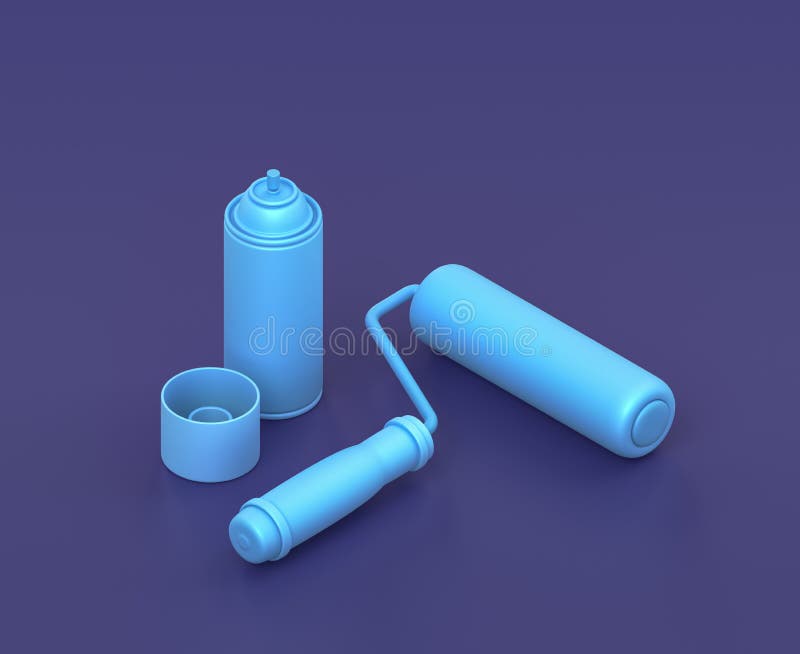 Isometric Spray Paint and Paint Roller on Blue Background, Single Color ...