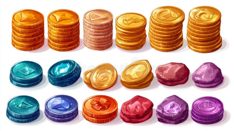 Isometric Stacks of Golden Coins and Gems for Game Isolated on White ...