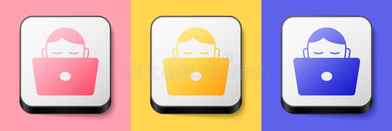Isometric Student Working at Laptop Icon Isolated on Pink, Yellow and ...