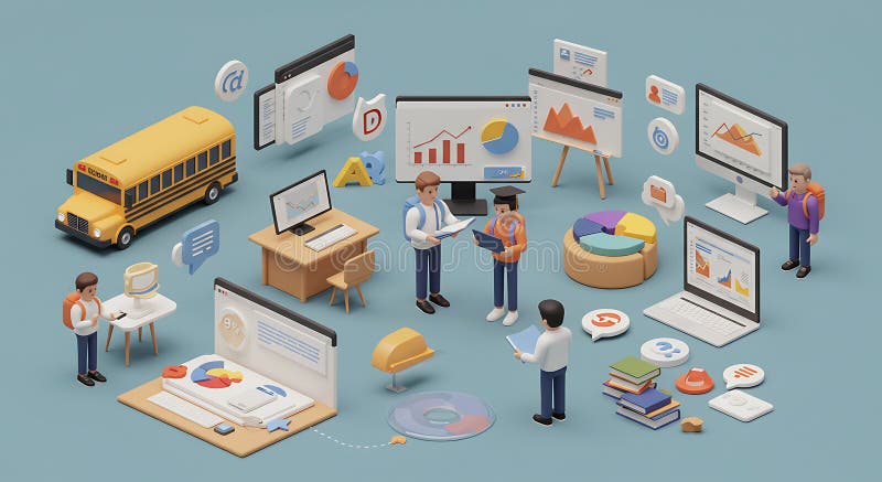Isometric Students Studying Data: a Colorful Educational Scene Stock ...