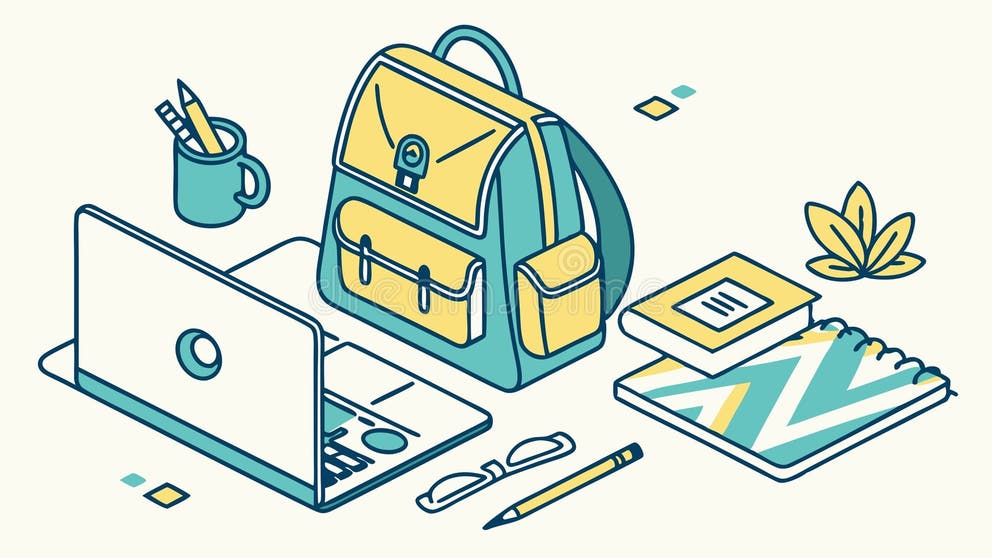 Isometric Study Essentials, Laptop, Backpack, Books. Vector Design ...