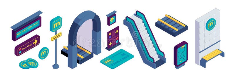 Isometric Subway Set. Metro Elements with Train Escalator Signboard ...