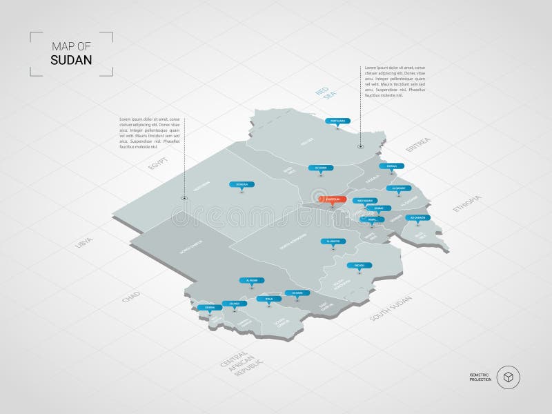 Isometric Sudan Map with City Names and Administrative Divisions Stock ...