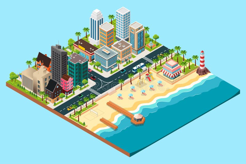 Isometric Summer Beach Town Vector Illustration Stock Vector ...