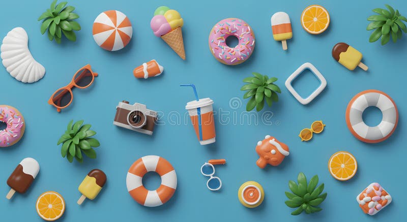 Isometric Summer Items Pattern on Blue Surface Stock Illustration ...