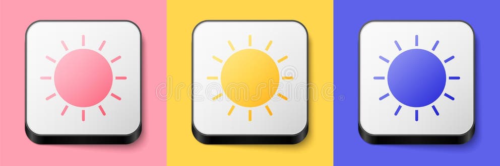 Isometric Sun Icon Isolated on Pink, Yellow and Blue Background. Square ...