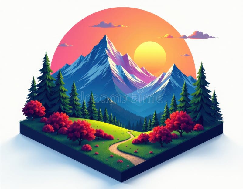 Isometric Sunset Mountain Landscape with Winding Path Stock ...
