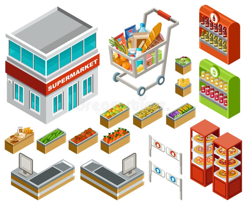 Vector Isometric Supermarket Interior Plan. Image Includes Store Cross ...