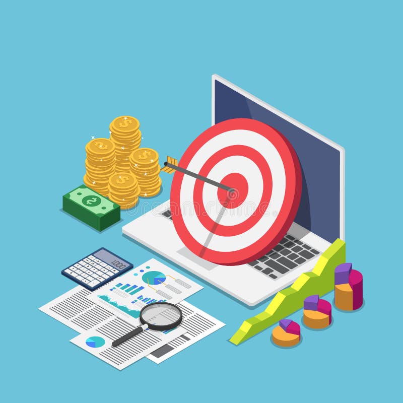 Isometric Target with Arrow Hit the Center on Laptop with Business Data ...