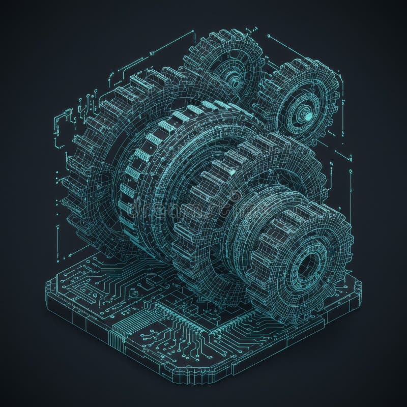 Isometric Teal Glowing Mechanical Gear Machine Stock Illustration ...