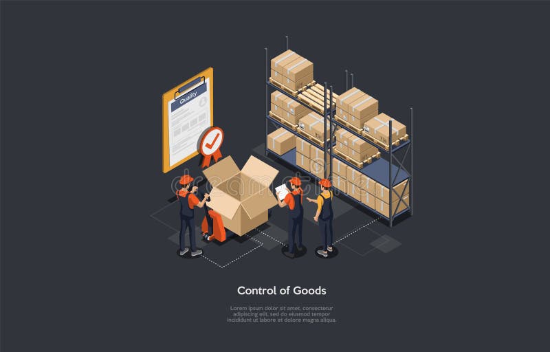 Isometric Team Control of Goods Concept. Warehouse Workers are Checking ...