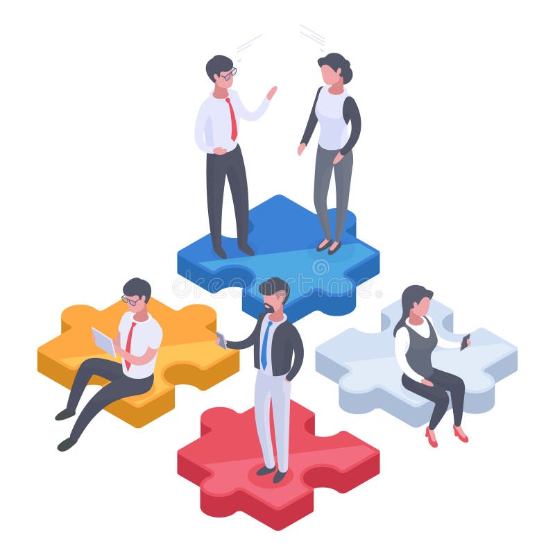 Isometric Teamwork Concept. Puzzle Metaphor Successful Business Brainstorming or Teamwork ...