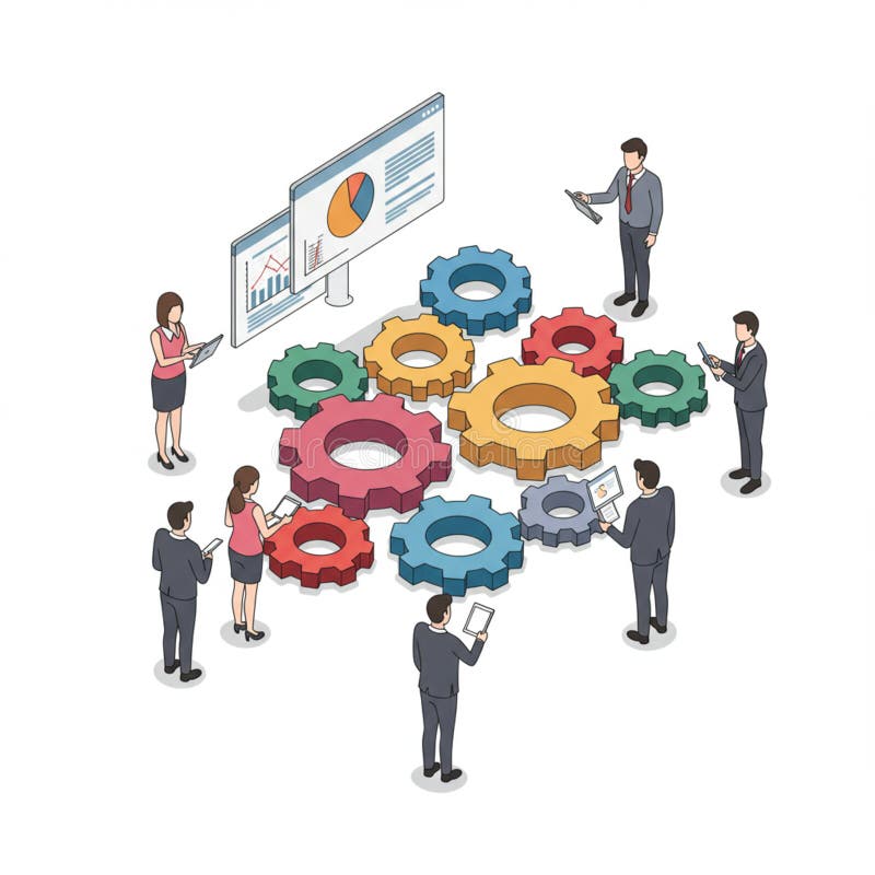 Isometric Teamwork: People Collaborating with Gears for Project Success Stock Illustration ...