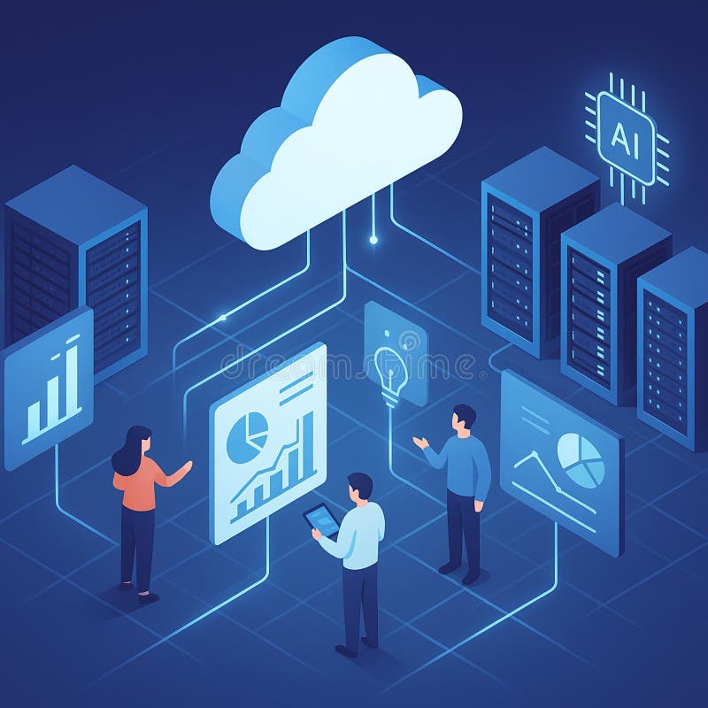 Isometric Tech Illustration of a Futuristic Cloud Data Center with Glowing Lines, Server Racks ...