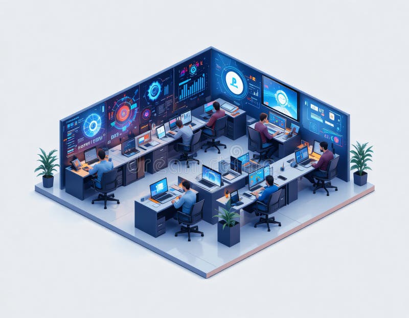Isometric Tech Office with Collaborative Workspace and Screens Stock ...