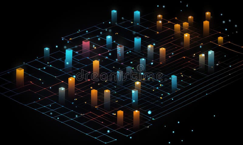 Isometric Technological Design of Colorful Lines with Dots, Dark Brown ...