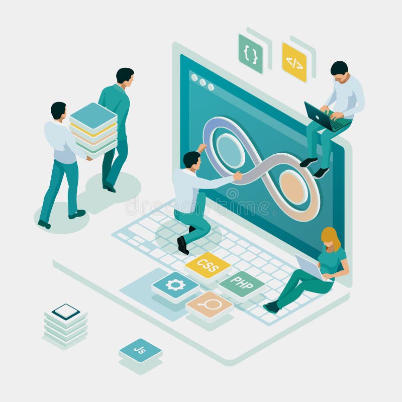 Isometric Technology Process of Software Development. Web Development and Coding. Cross Platform ...