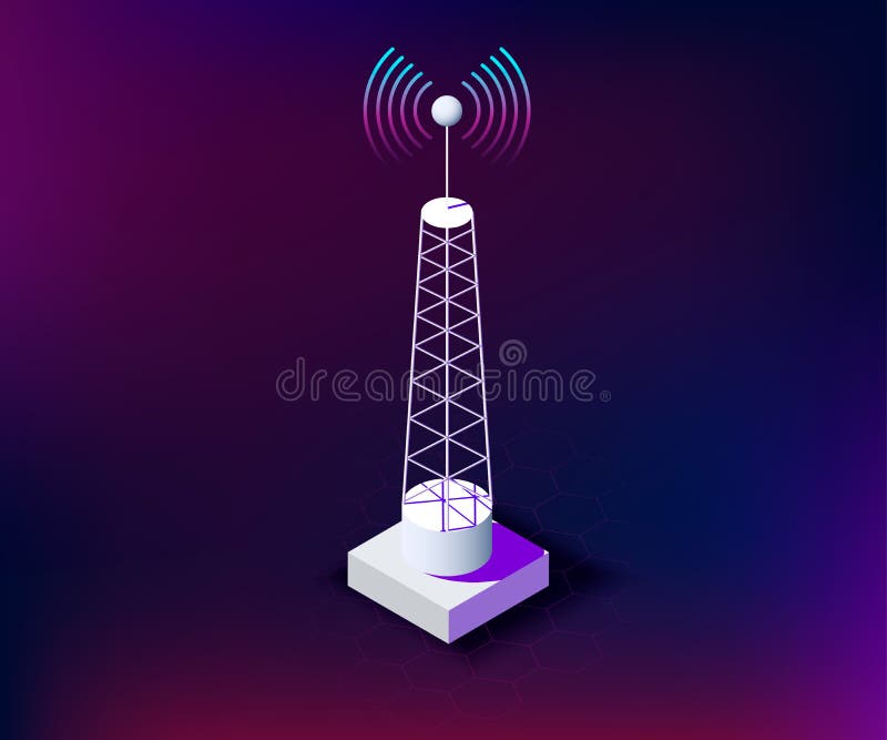 Isometric Telecommunication Tower with Connection Waves, Dark ...