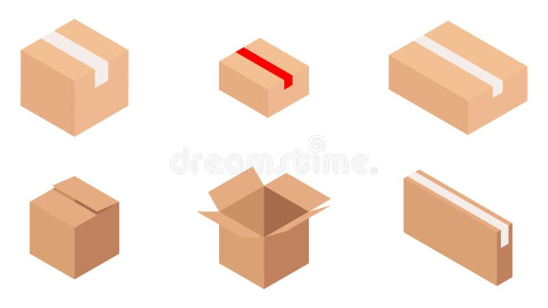 Set of Isometric Cardboard or Shipping Carton Open and Closed Box Stock ...