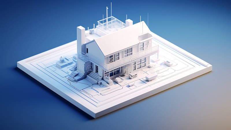 Isometric Tiny Architectural House Model on Blueprint with Key ...