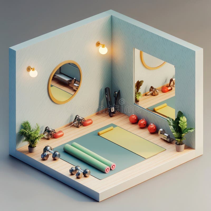 Isometric Tiny Gym Room with Dumbbells, Yoga Mats, and Wall Mirror ...