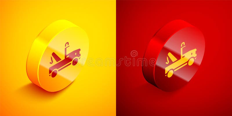 Isometric Tow Truck Icon Isolated on Orange and Red Background. Circle ...
