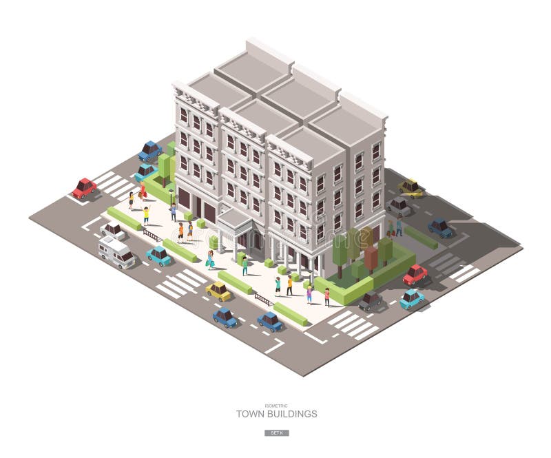 Isometric Town Buildings with People, Car and Tree Vector Icon Stock ...