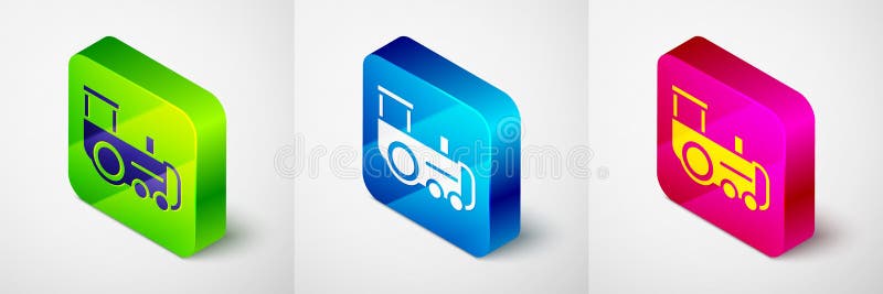 Isometric Toy Train Icon Isolated on Grey Background. Square Button ...