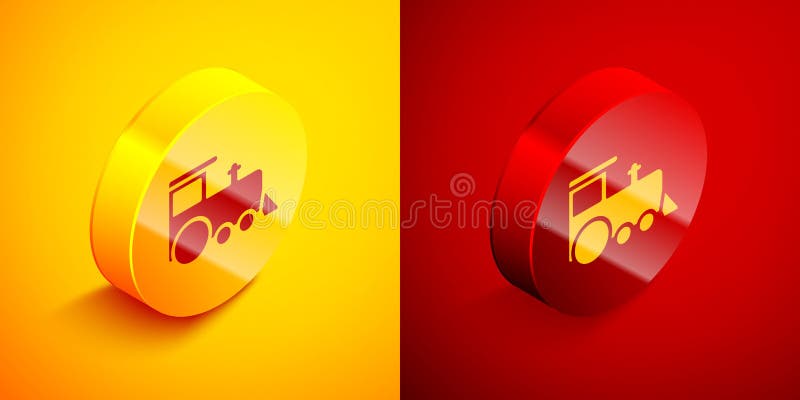 Isometric Toy Train Icon Isolated on Orange and Red Background. Circle ...