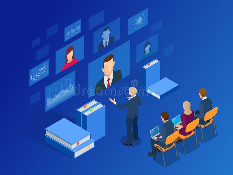 Isometric Online Video Training, Webinar Vector Illustration. Online ...