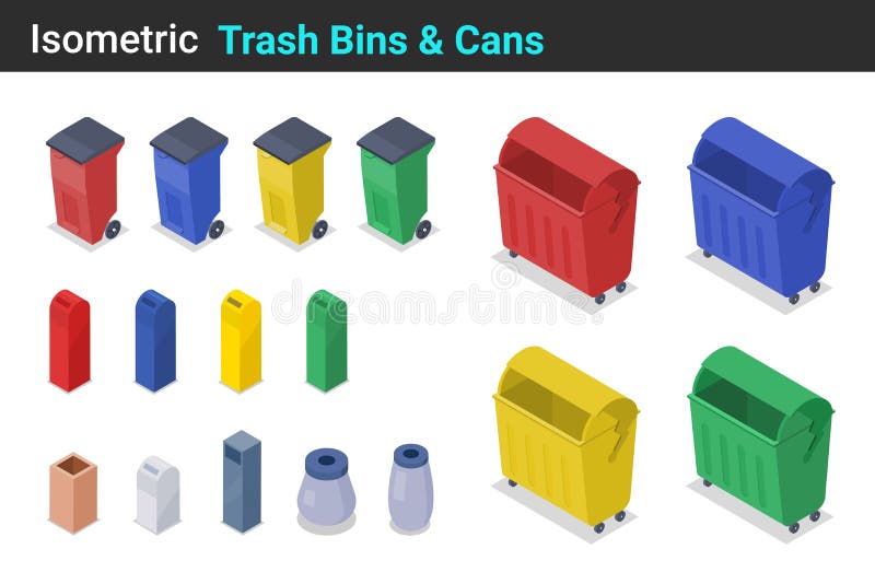 Isometric Trash Bin and Can Flat Vector Collection Stock Vector ...