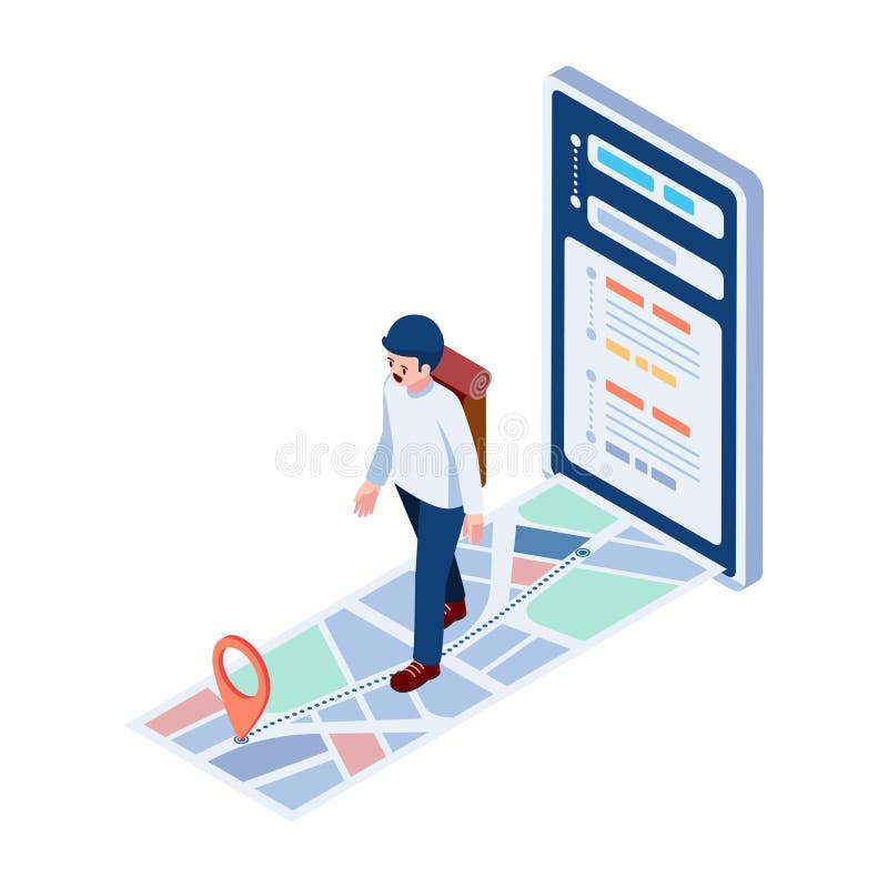 Isometric Traveler Walking on Gps Map Navigation Stock Vector ...