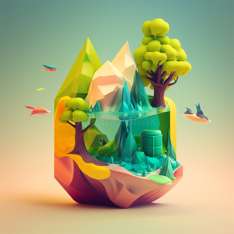 ISOMETRIC TREE on FLOATING ISLAM LOW POLY 3D Stock Illustration ...