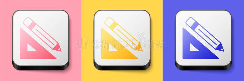 Isometric Triangular Ruler and Pencil Icon Isolated on Pink, Yellow and ...
