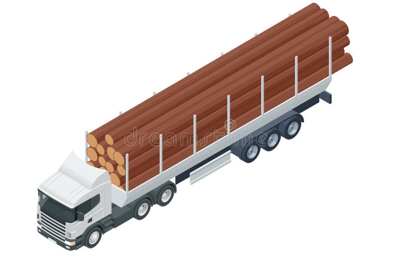 Isometric Truck with Trailer Loaded with Tree Trunks. Powerful Big Rig ...