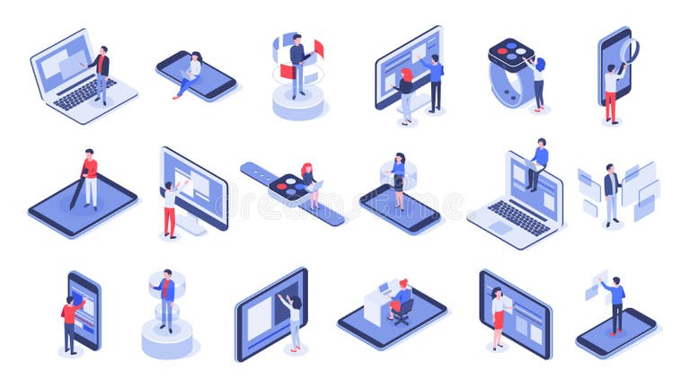 Isometric User Interface. Online Office, Device Interactions and Touch ...