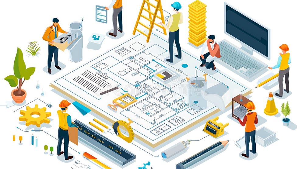 Isometric of Architects Reviewing Building Permits and Blueprints Stock ...
