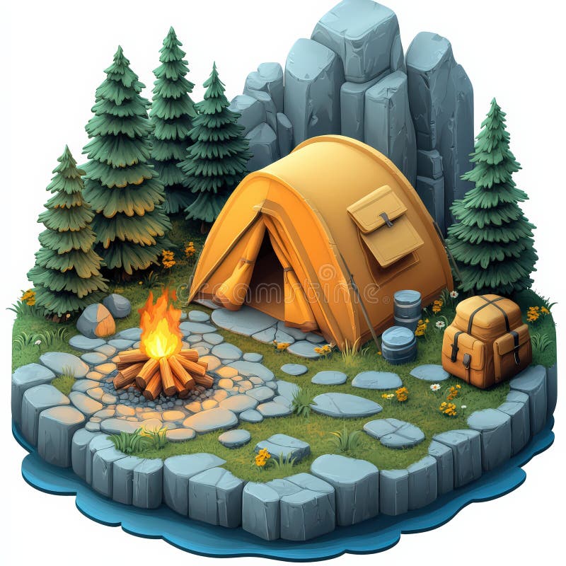 Isometric Vector of a Camping Scene with a Tent, Bonfire, and Backpack ...